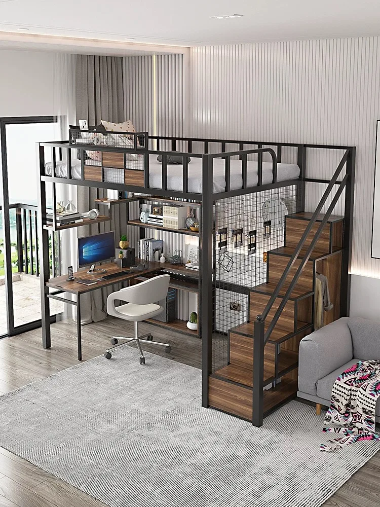 Customizable Dormitory Metal Bed Frame with High Bunk Desk and Bookshelf