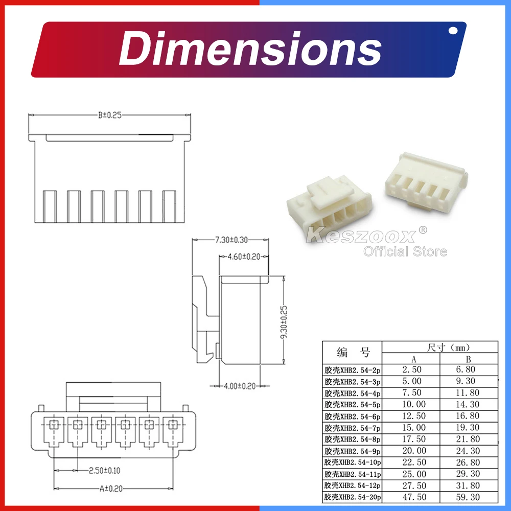 Keszoox Jst Xhb2.54mm Wire Cable Connector 22awg Wire 2/3/4/5/6/7/8/9/10pins 100/80/30/50cm ...