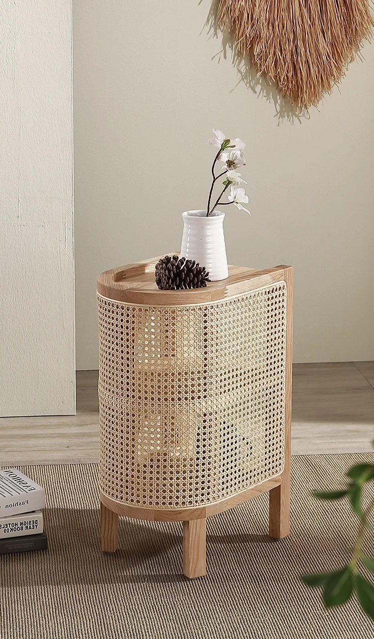 Japanese Style Solid Wood Rattan Bedside Table and Side Cabinet Locker