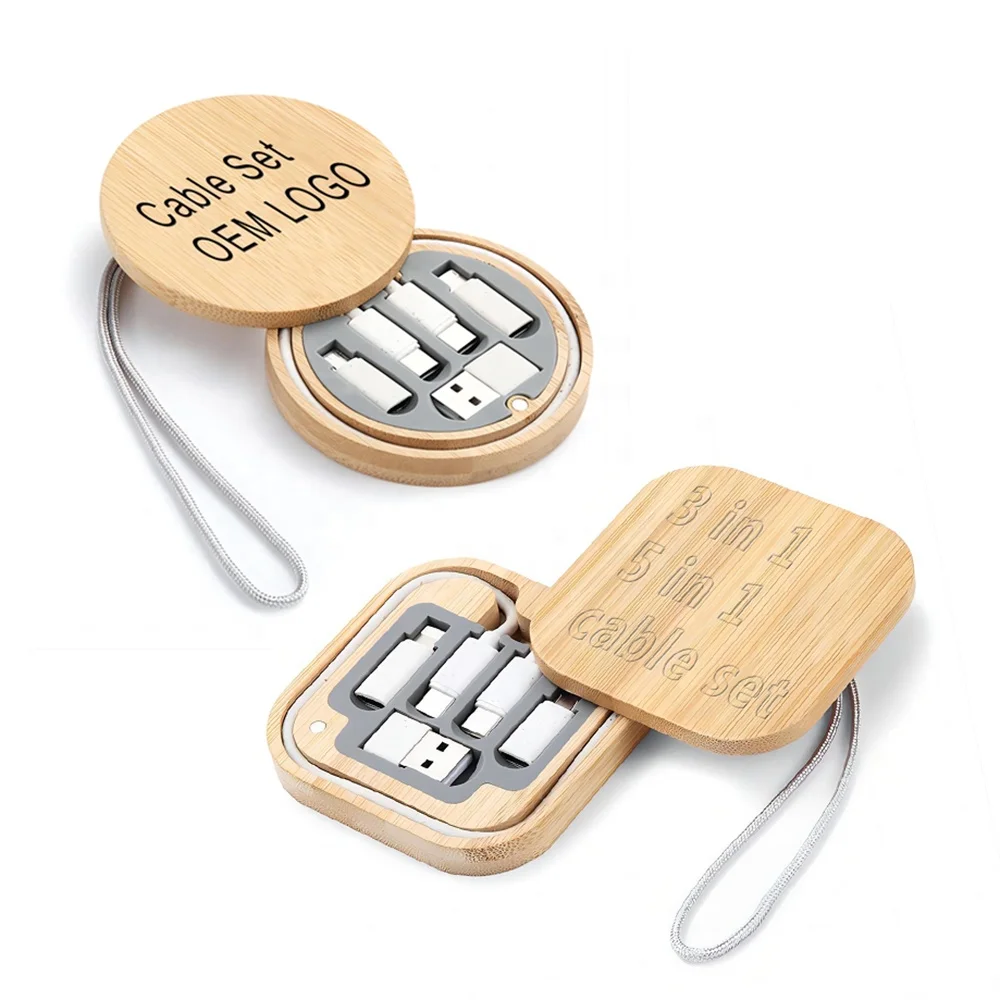 Bamboo Storage Box With Fast Charging Cable Kit Multi Usb Cable Adapter ...