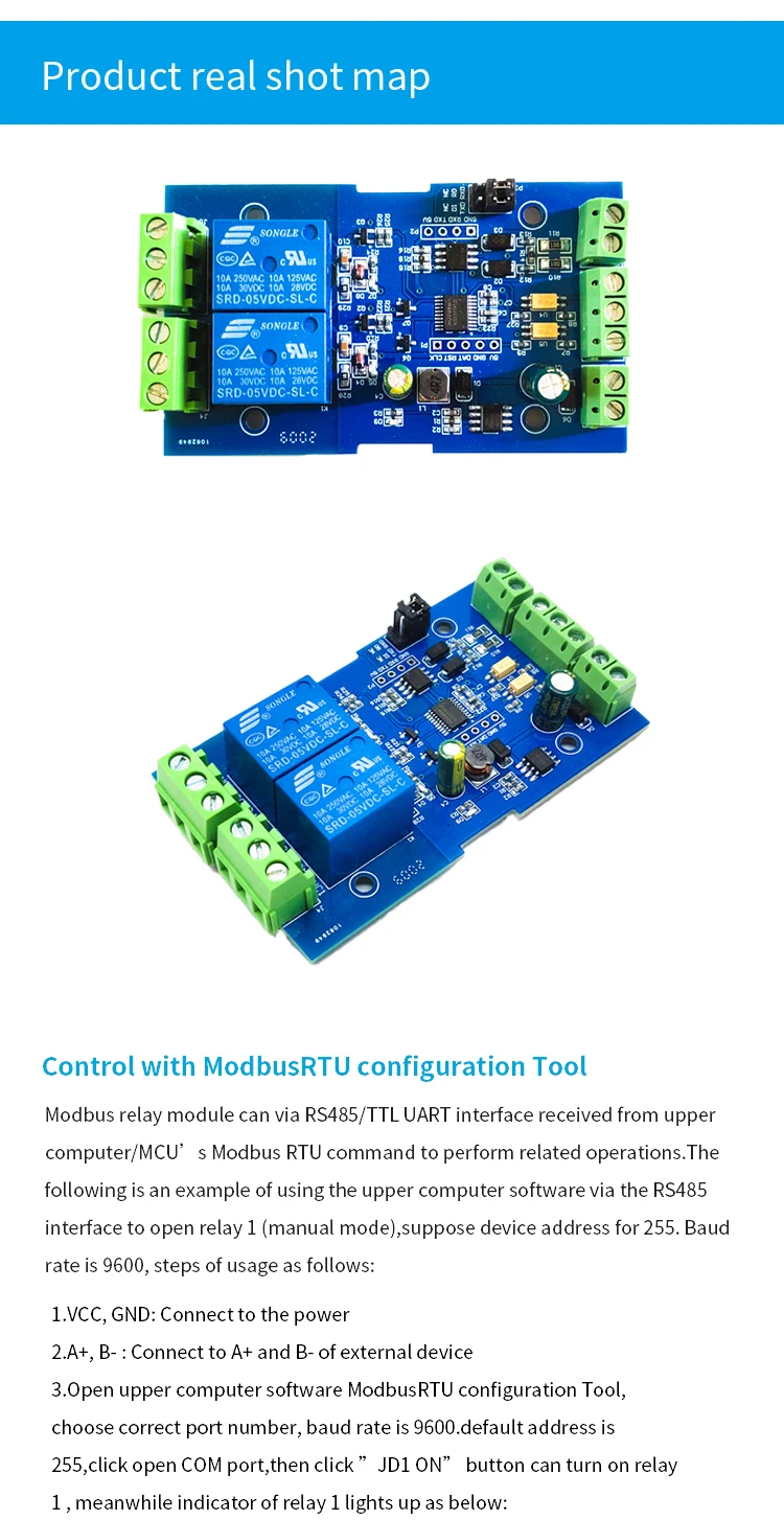 Modbus RTU 2CH Relay Module - 7-24V Anti-Reverse 2 Channel