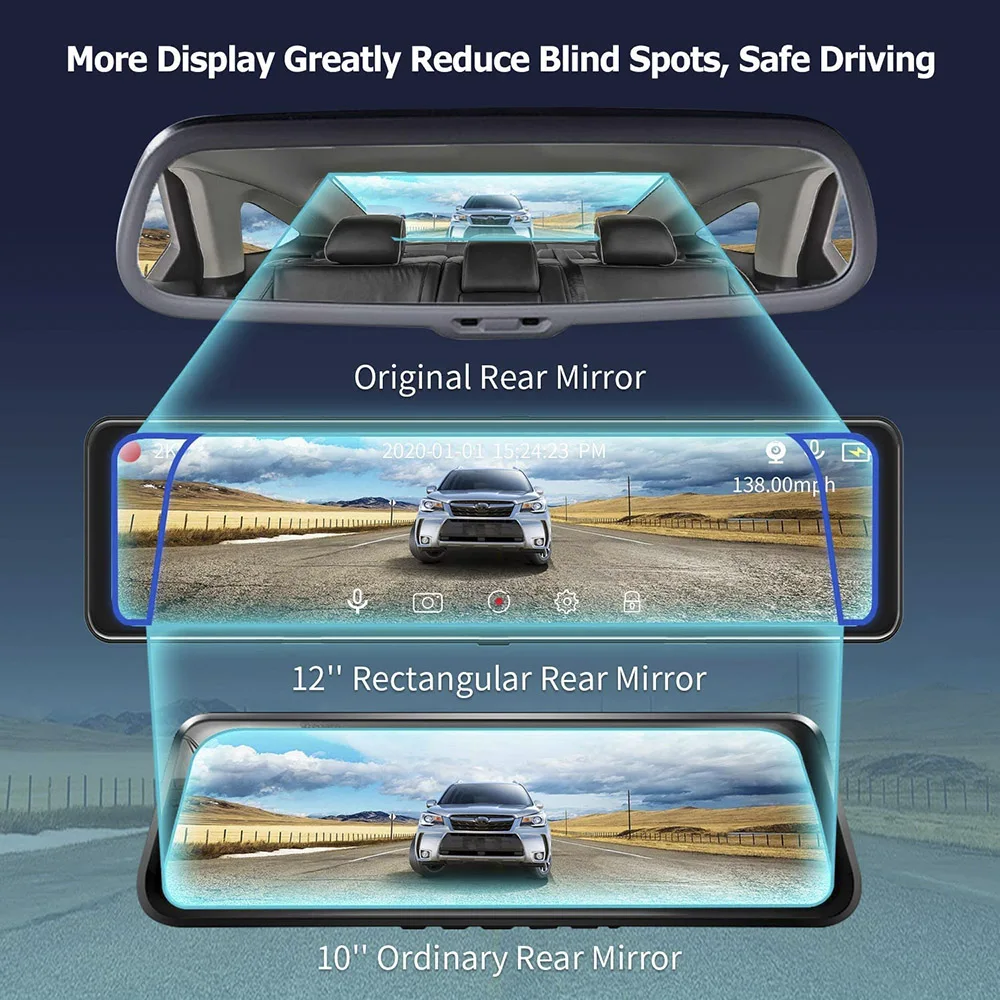 12 Inch 4K Dual Lens Dash Cam Mirror with Wifi & GPS - Front & Rear ...