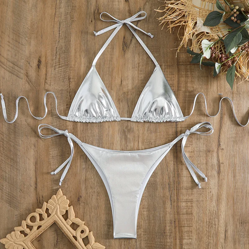 Custom Logo Women Pink Metallic Bikini Ladies Liquid Metallic Shiny Sexy Glitter String Bikini 2