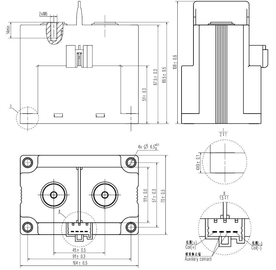 High Voltage DC Contactor 500A 1000V 1500V Double Coil