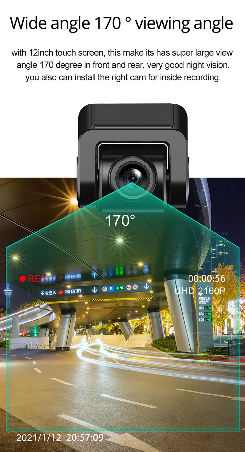 12 Inch Dash Cam Carplay Android Auto Wifi BT FM Mirror Recorder ...
