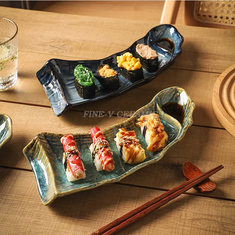 Custom Sushi Tray Japanese Ceramic Glazed Plate With Soy Sauce Dish ...