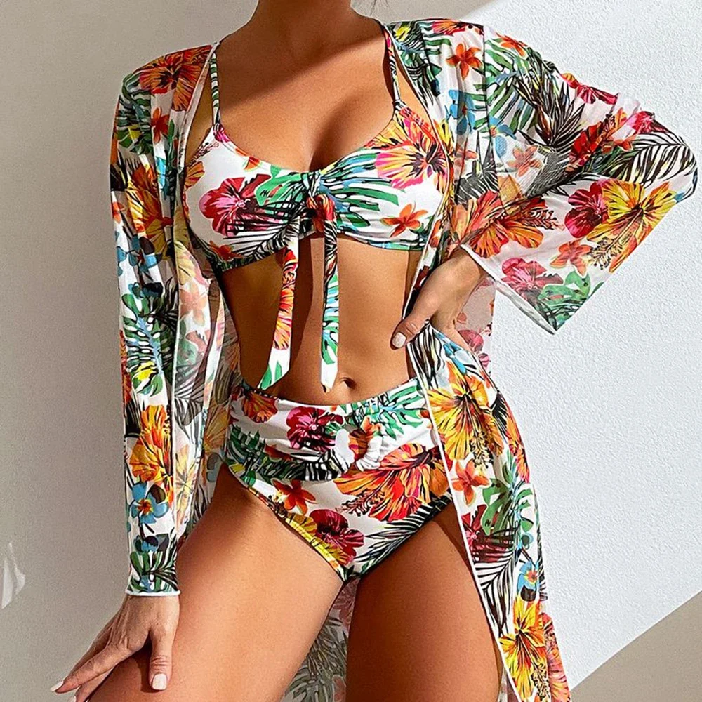 Sexy Padded Bikini Set With Mesh Long-sleeved Cover Ups Brazilian Beach Bathing Suit 2024 3 ...