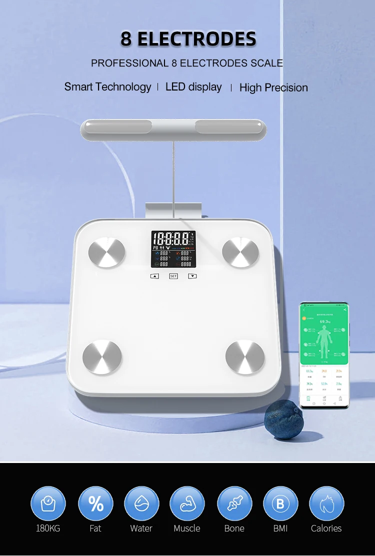 8 Electrodes 250KG Smart Body Fat Scale Foot to Hand Measurement Fat ...