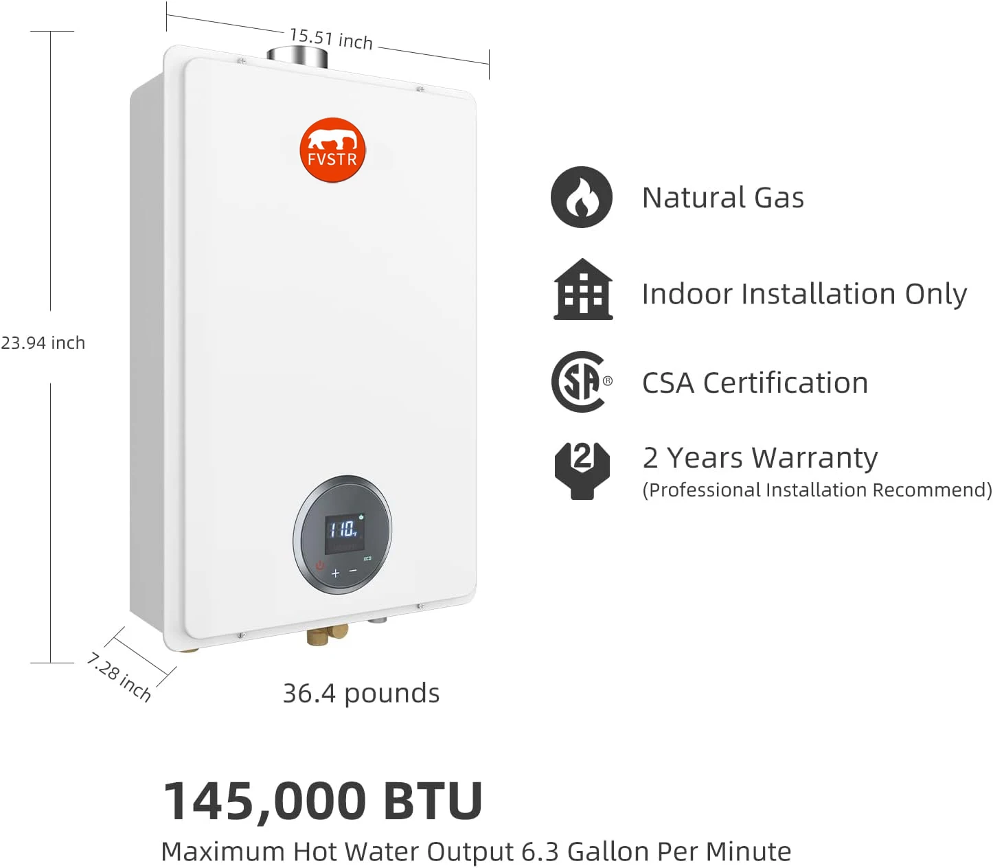 Natural Gas Hot Water Heater,145,000 Btu White Instant Tankless Hot ...