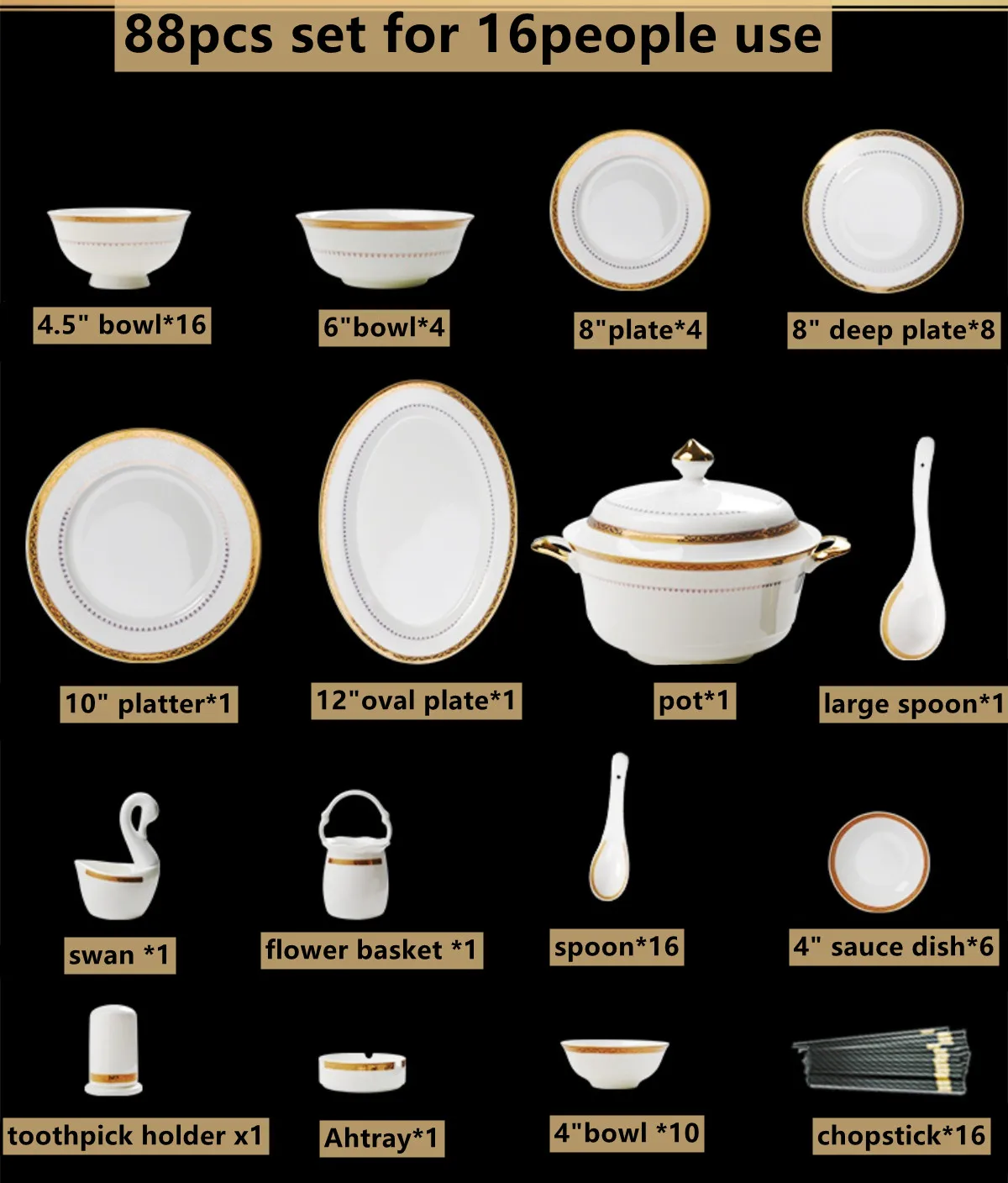 88pcs Embossed Gold Rim Tableware - Luxury Porcelain Sets