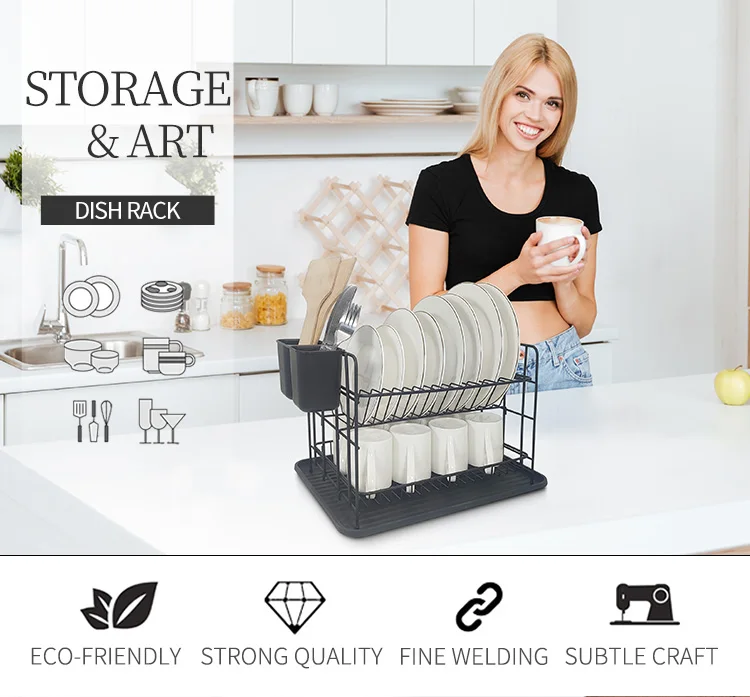 Kitchen 2 Tier Dish Drainer Rack Hanging Metal Black Storage Plate Dish ...