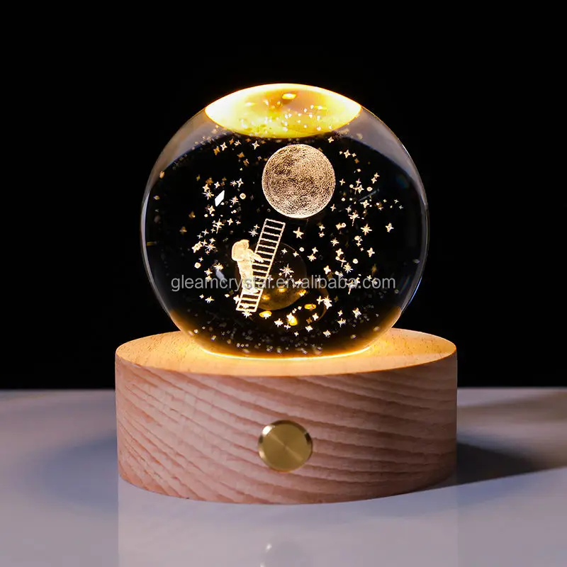 3d Customized Engraved Laser Crystal Ball With Led Lighting Wood Base ...