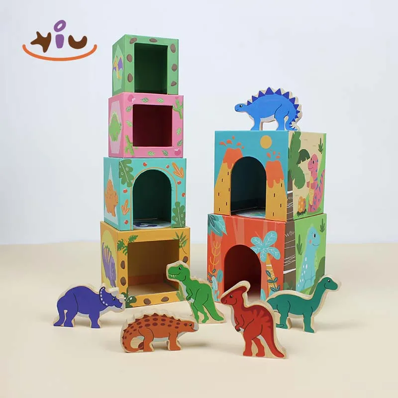 KIU Dinosaur Stacking Nesting Box Cube Toys Wooden Blocks Stacking ...