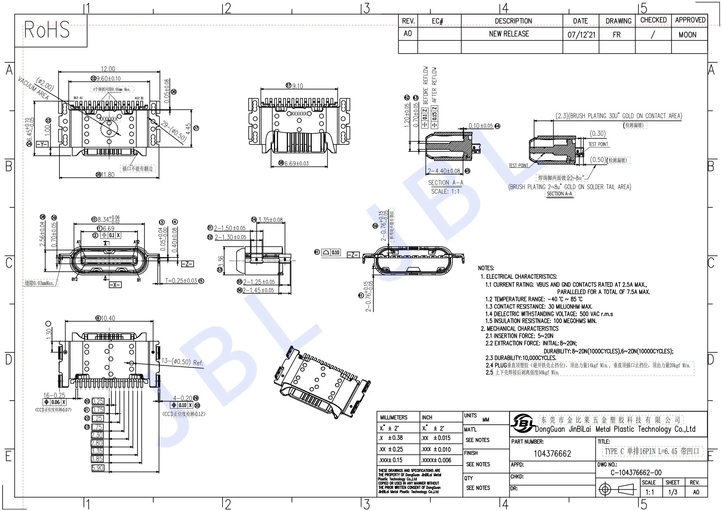 TYPE-C Connector Waterproof female 16PIN USB3.0 with Mid-Mount L6.45