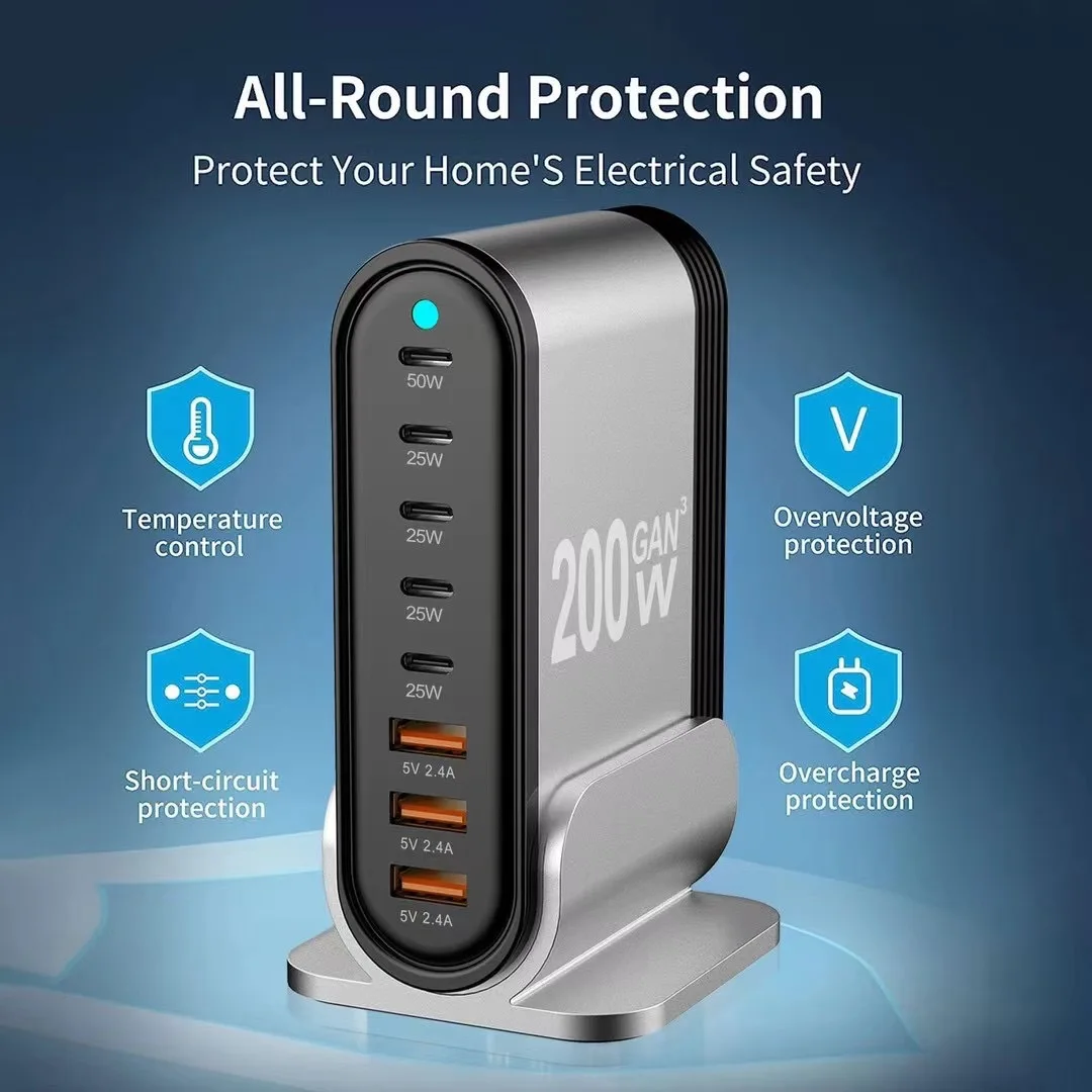 200w Pd Power Supply Type A Usb C Multi 7 Ports Desktop Fast Charging Cell Phone Adapter Supply ...