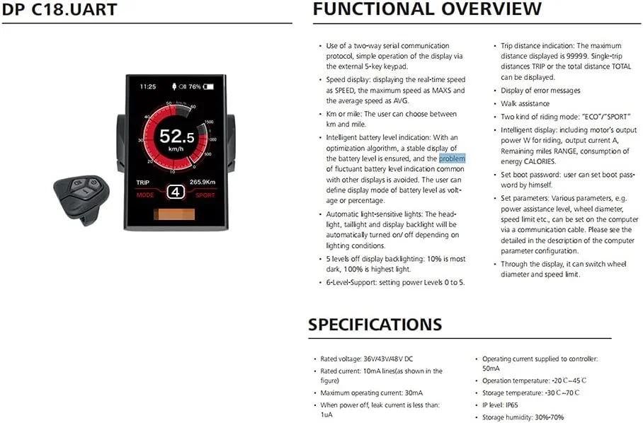 750C Display - Full Color LCD for Ebikes & Bafang Controllers