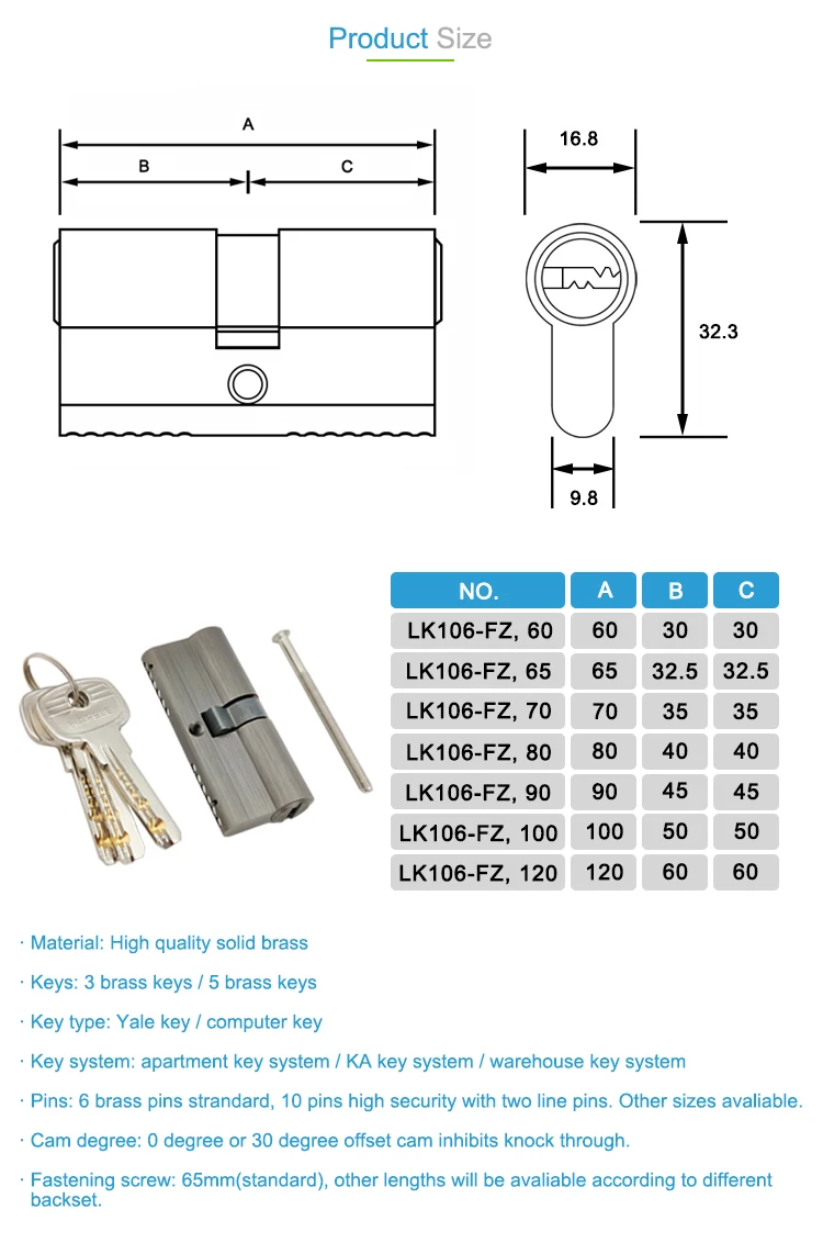 Euro 12 Pins Solid Brass Double Keys Cylinder Security