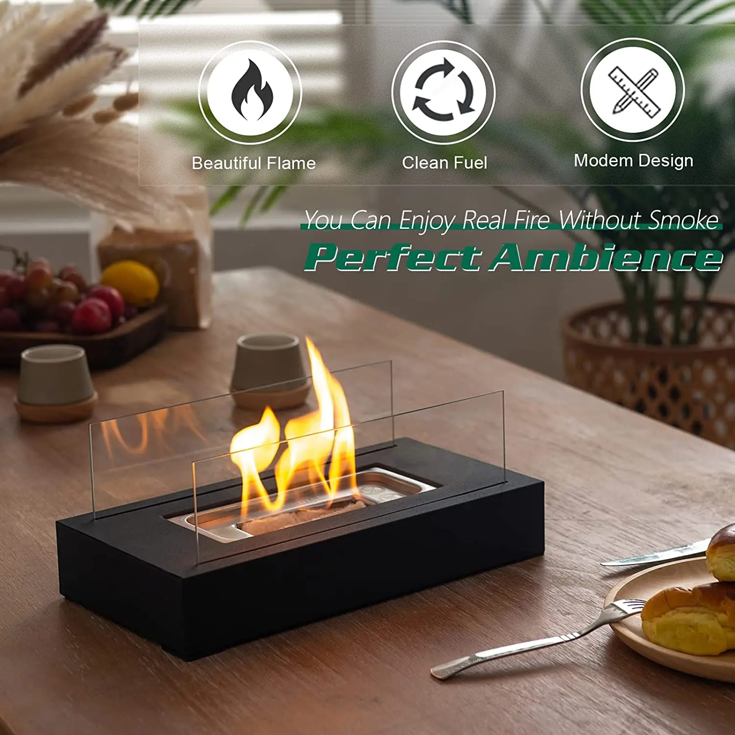 Flat Tabletop Bio Ethanol Fireplace Premium Smokeless Table Top Smores ...