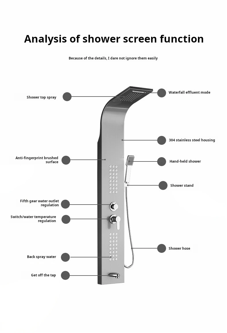 Stainless Steel Shower Panel - Five Levels of Water Outlet