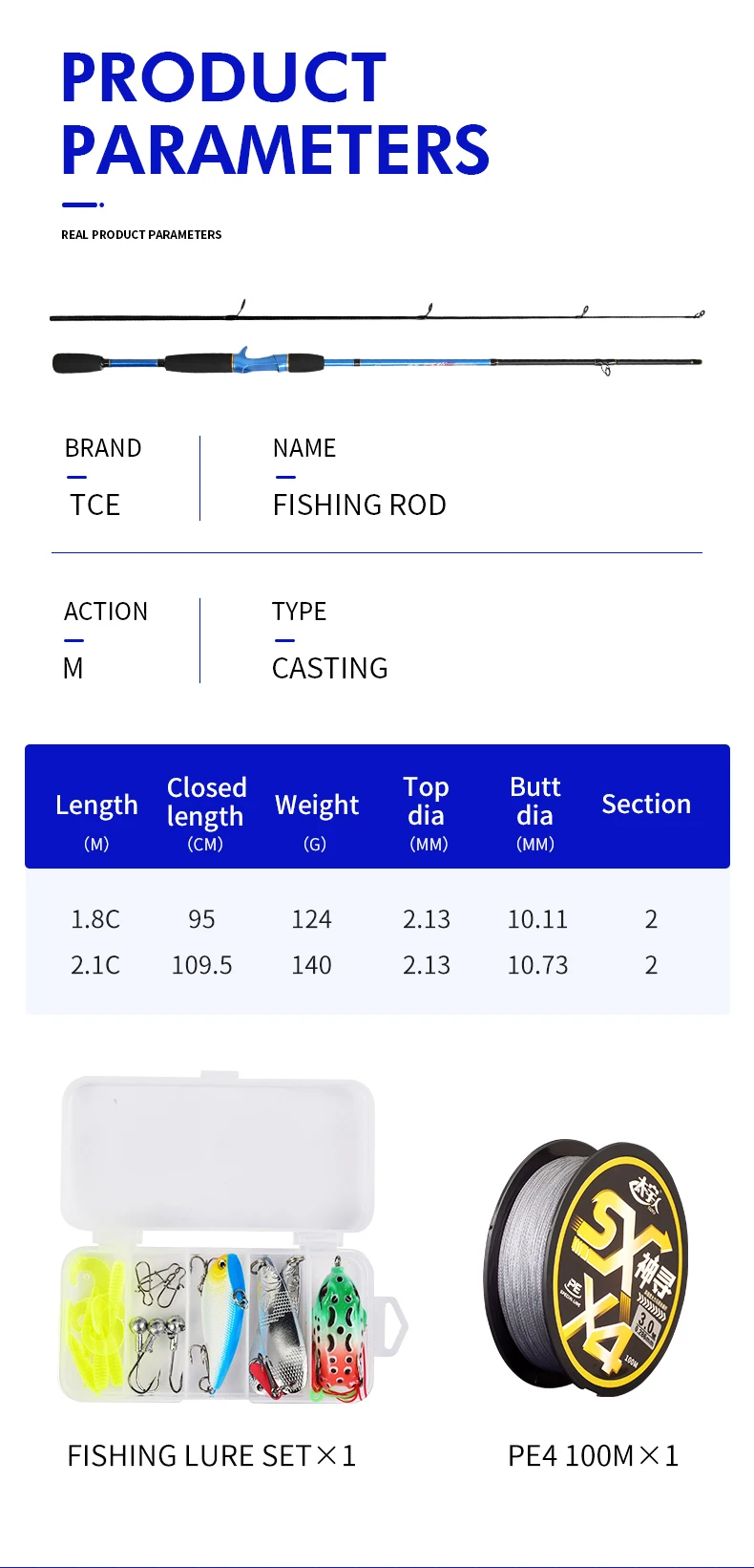 1.8m/2.1m Baitcasting Fishing Rod and Reel Set - Complete Combo