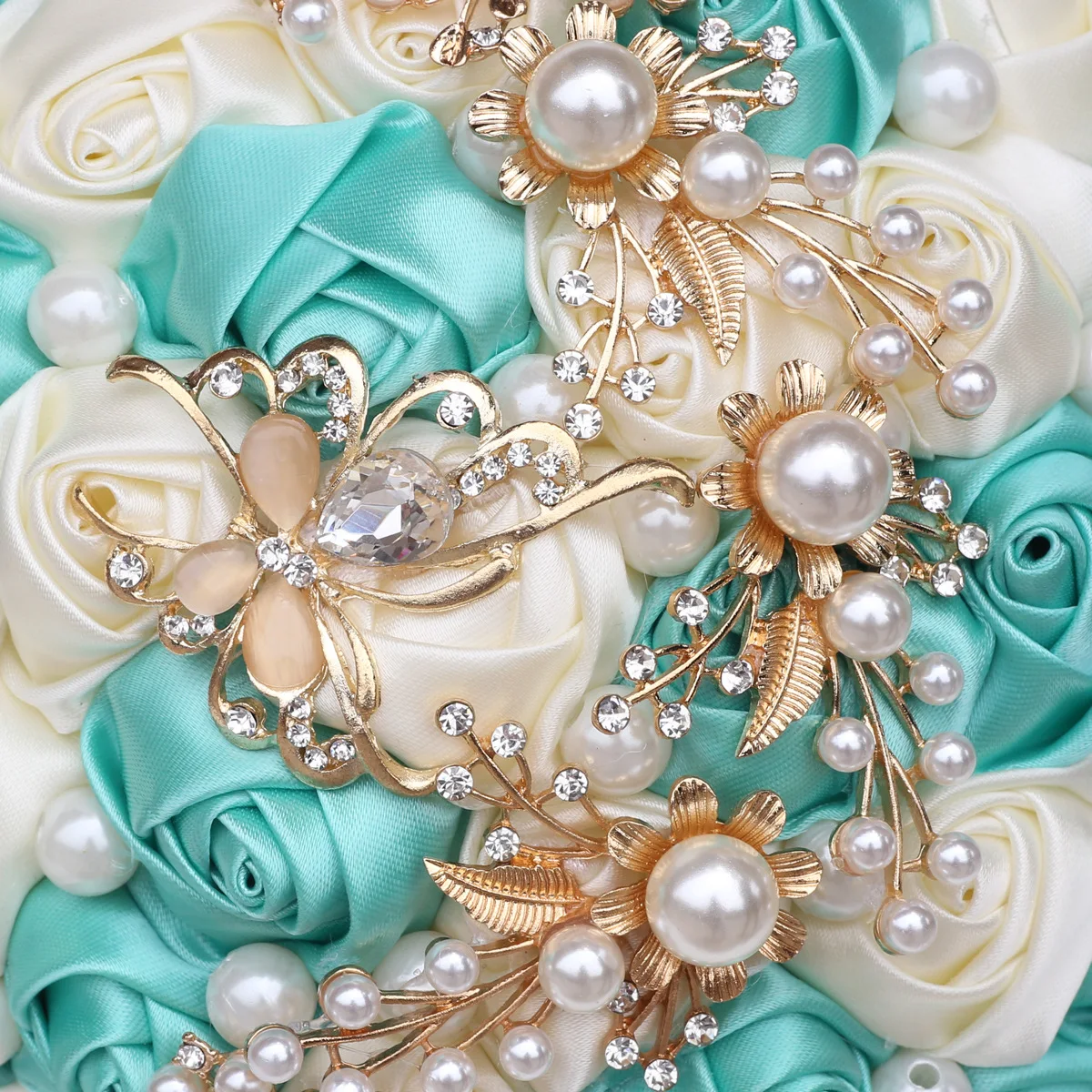 Cheap 21cm Mint Green and Ivory Bridal Bouquets Rustic Rhinestone Pearl ...