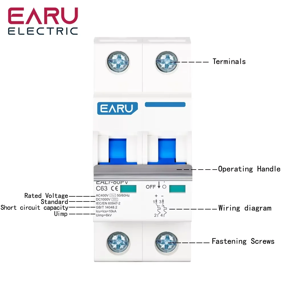 1000V 400V MCB Solar PV Mini Circuit Breaker 6A-80A Overload Protection ...