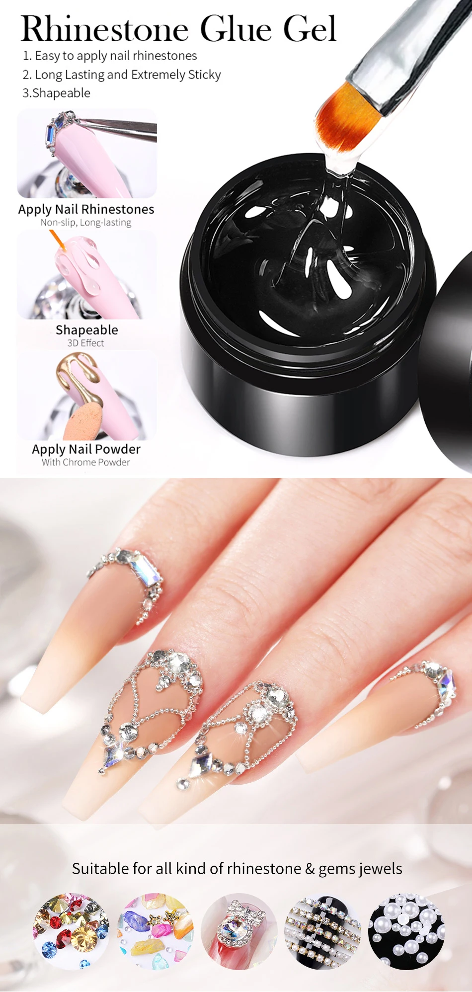 BORN PRETTY 5g Nail Art Rhinestone Glue Gel NO Wipe Super Sticky ...