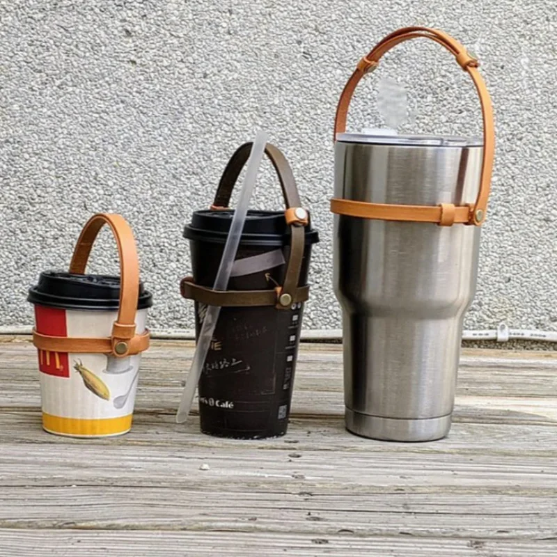 Adjustable PU Leather Cup Holder Handle Strap Cup Sleeve Coffee Cup ...