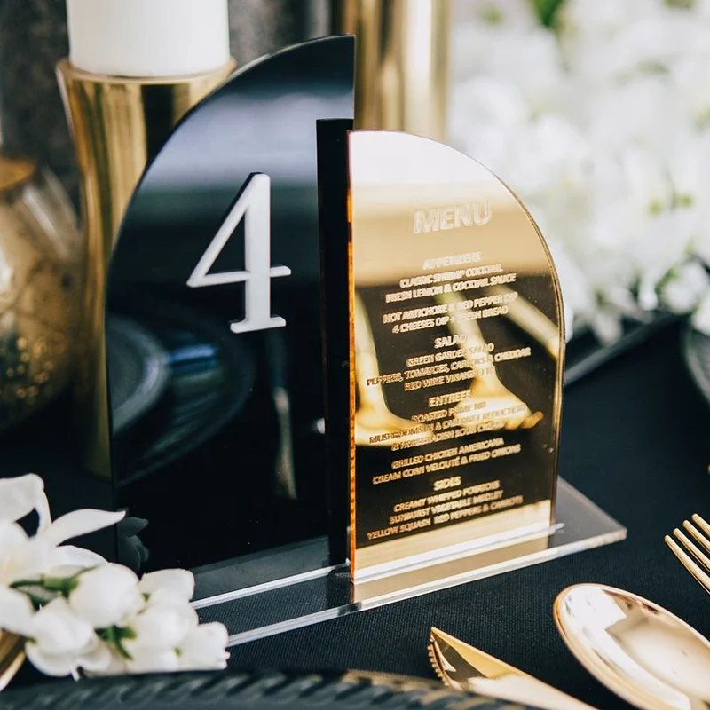 Double Half Arched Black Gold Mirror Wedding Menu & Table Number ...