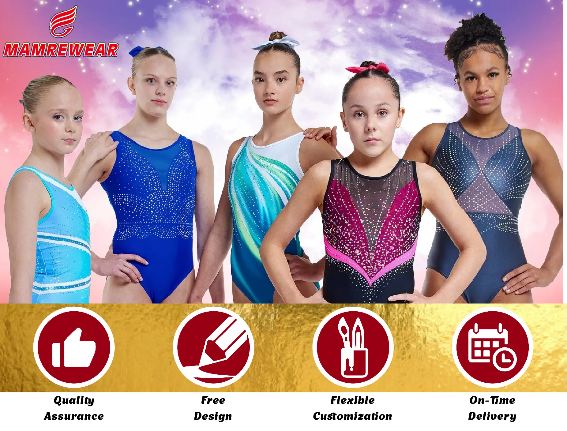 Elegant Girls Gymnastics Training Leotard with Rhinestones