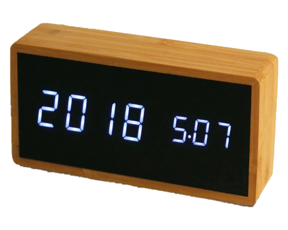 Bamboo Material LED Display Voice Control Alarm Clock with Snooze ...