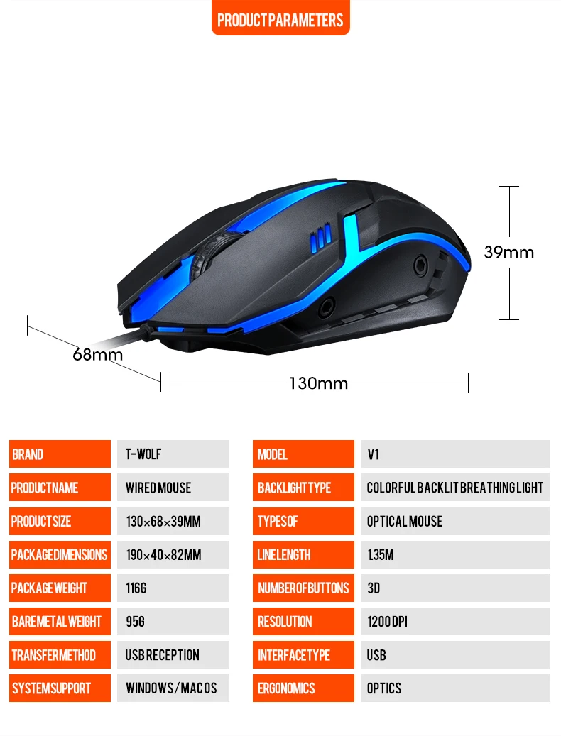 T-WOLF Wired Gaming Mouse with 3D Optical Tracking & RGB LED