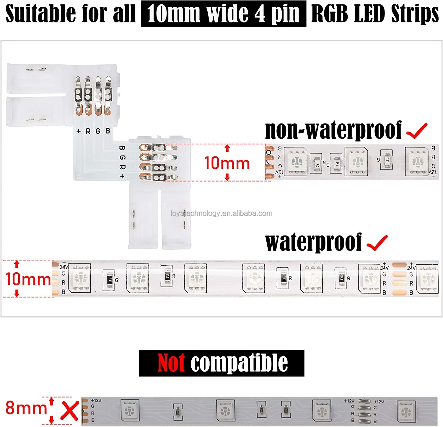 L Shape 4-pin Led Connectors 10-pack 10 Mm Wide Right Angle Corner ...