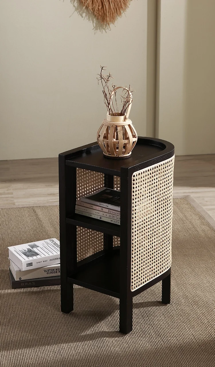 Japanese Style Solid Wood Rattan Bedside Table and Side Cabinet Locker
