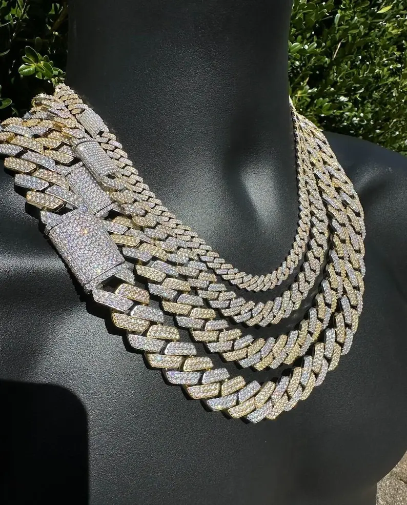 Moissanite Prong Miami Link Chain Necklace Two Tone 14k Yellow Gold ...