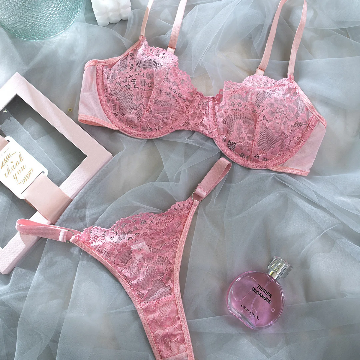 Beautiful Plus Size Pink Bra Set with Lace & Underwire