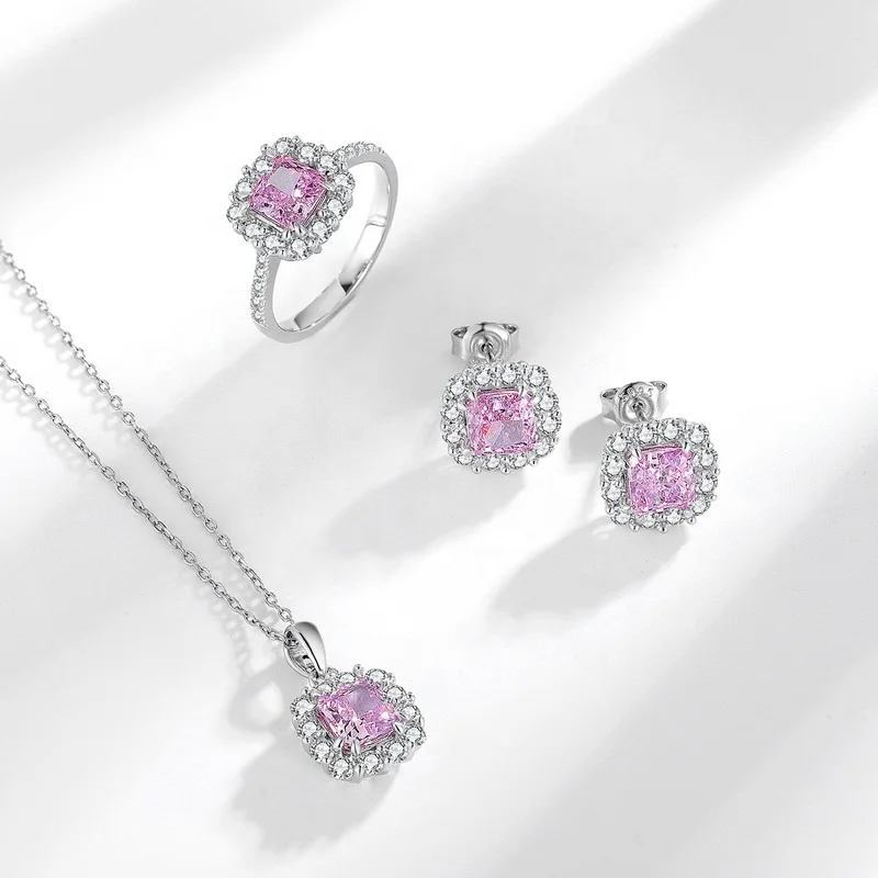 High Quality Real Silver Pink Square Crystal Cubic Zirconia Pendant ...