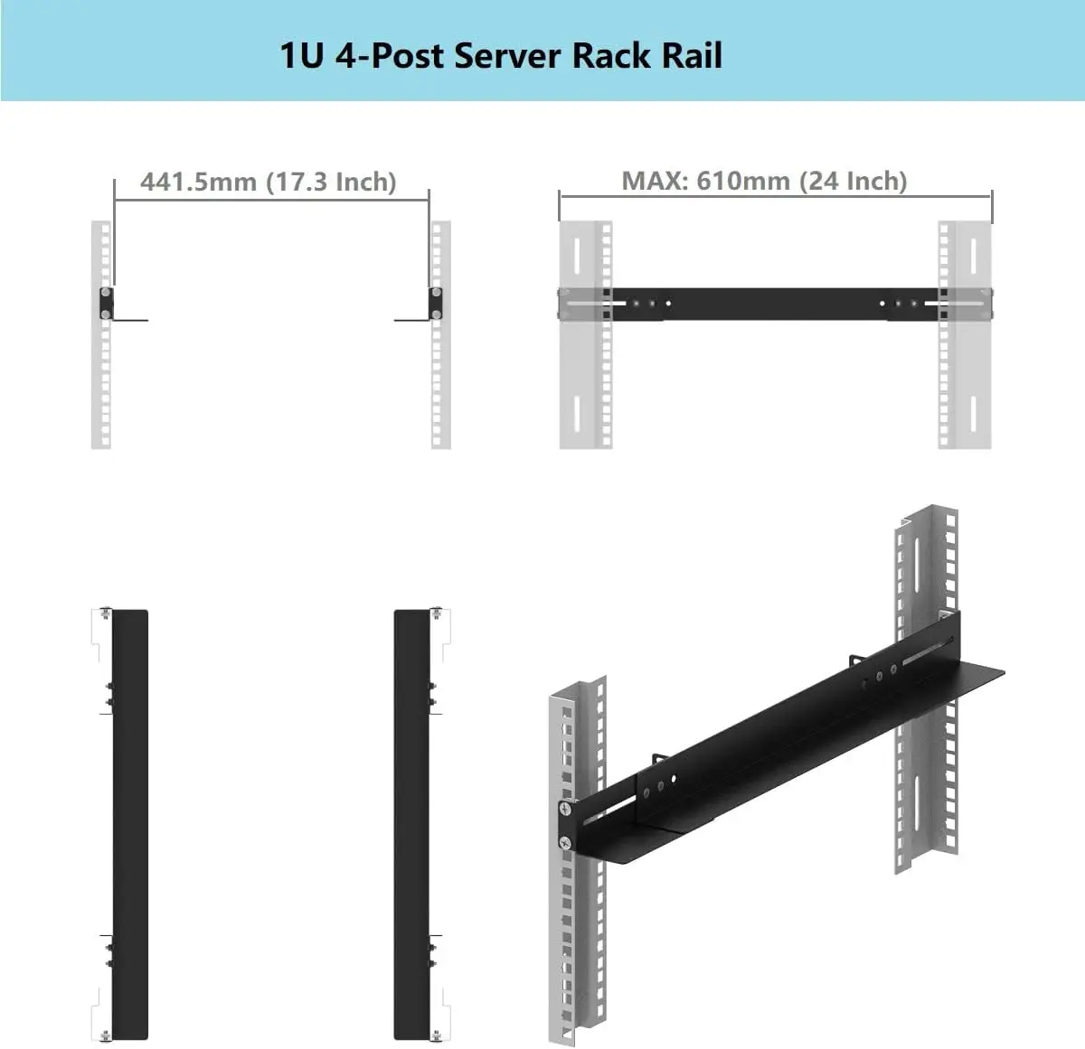 19 Inch Server Rack Rails - Adjustable Depth Mount Kit