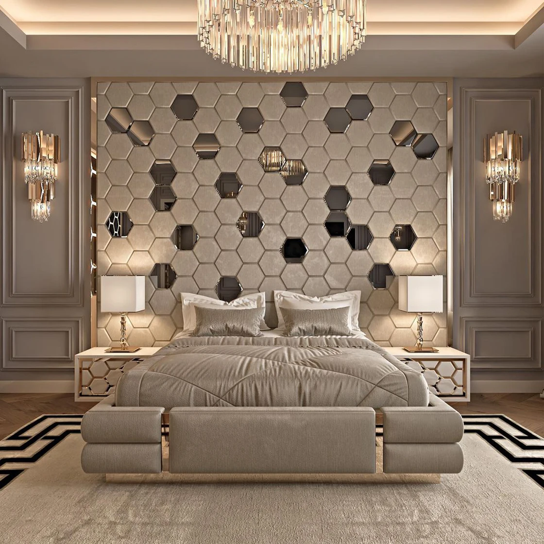 Dong guan factory custom made bed high headboard gold frame luxury king ...