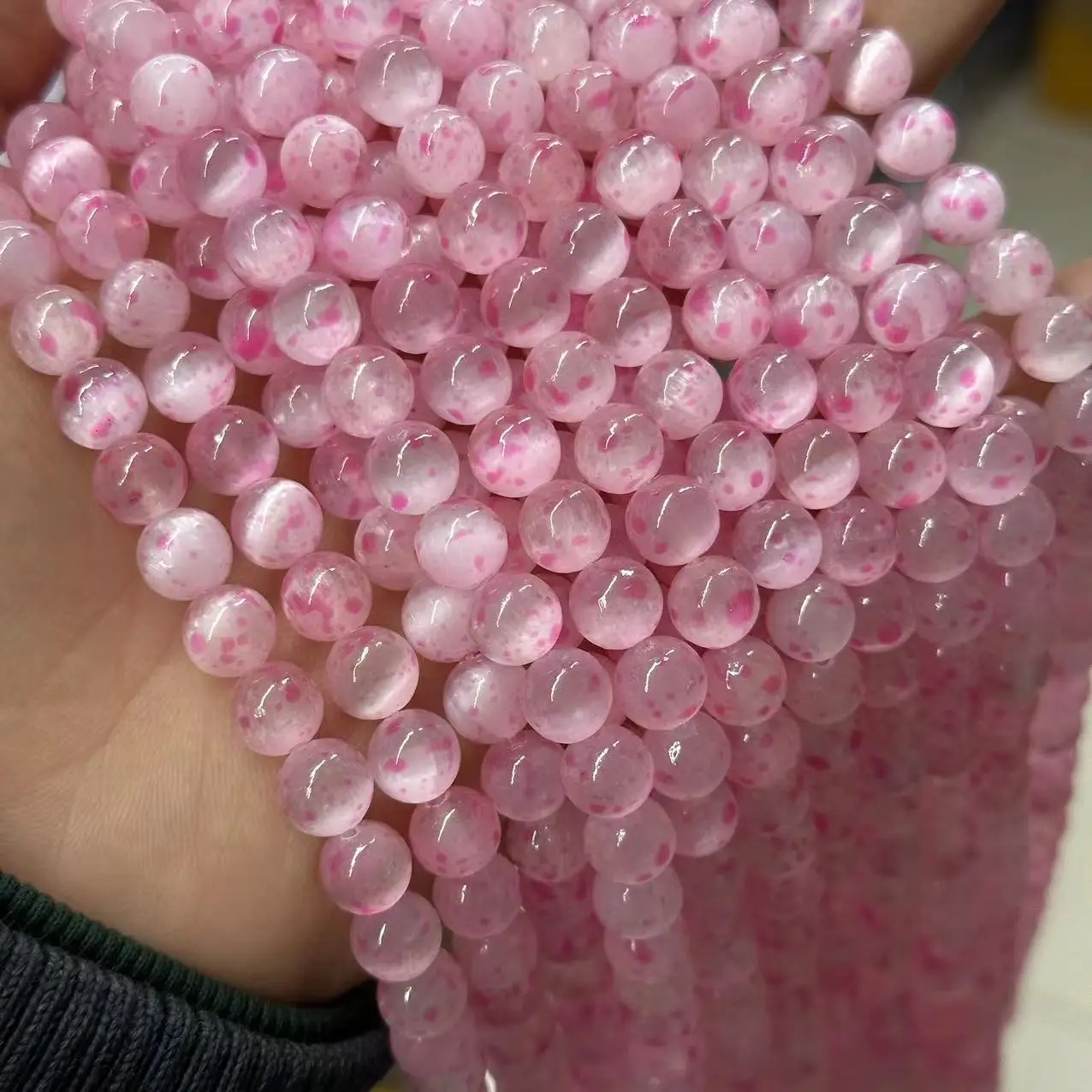 8mm Pink Green Cherry Blossom Selenite Cat's Eye Beads Semi-precious ...