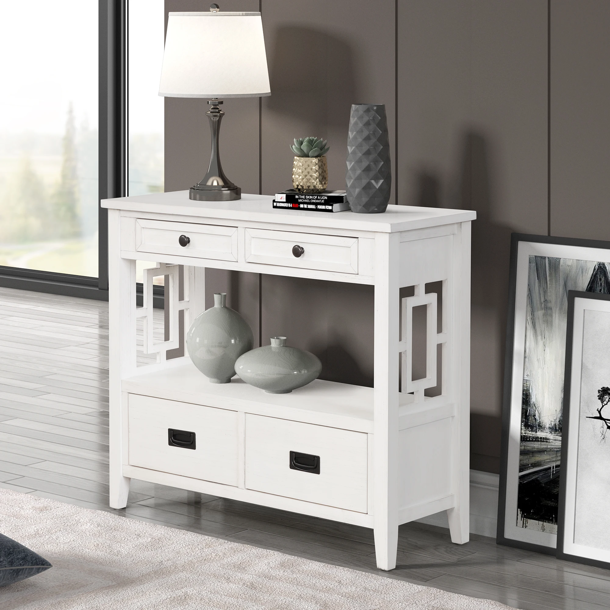 Vietnam White Wooden Console Table With 4 Drawers For Living Room ...