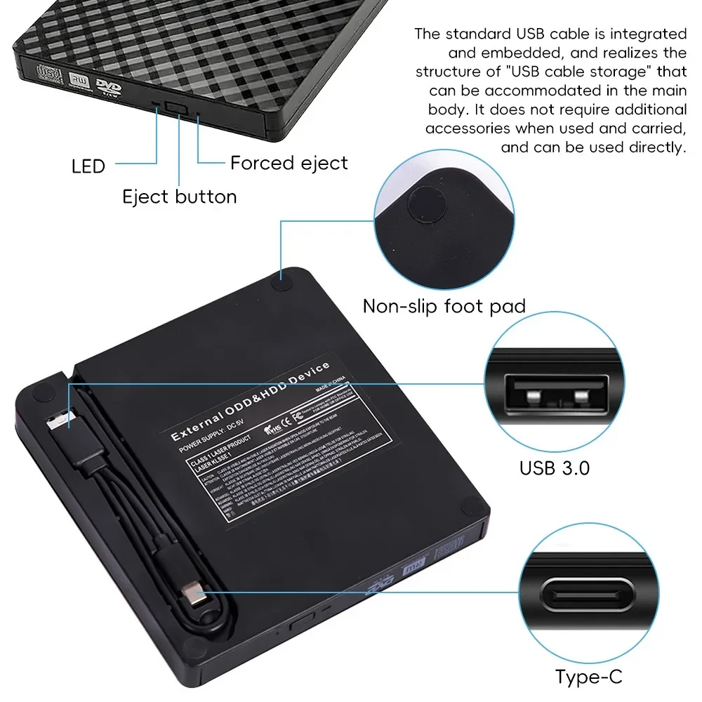 High Speed Data Transfer Usb 3.0 Type C Ultra Slim External Dvd Rw Cd Burner Drive Reader Player ...