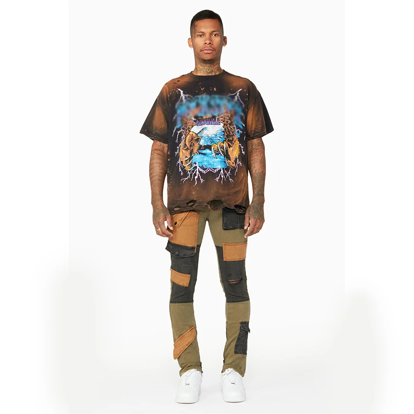 Custom Men Stack Stacked Ripped Flared Denim Cargo Jeans Multi Pockets Patchwork Zipper Cargo ...