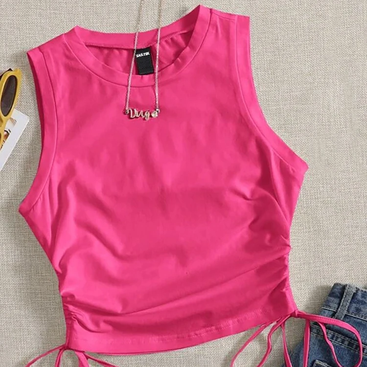 Women's Tank Tops - Ribbed Drawstring Side Ruched Basic Crop