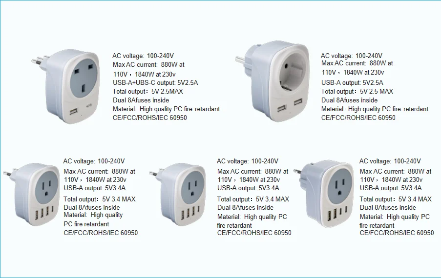 2 Way Metal Adapter - 3 Pin UK Socket Converter for EU, AU, US