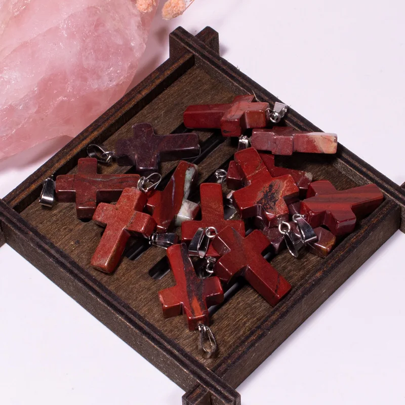 Natural Crystal Stone Cross Pendant Necklace & Stainless Steel Gemstone ...