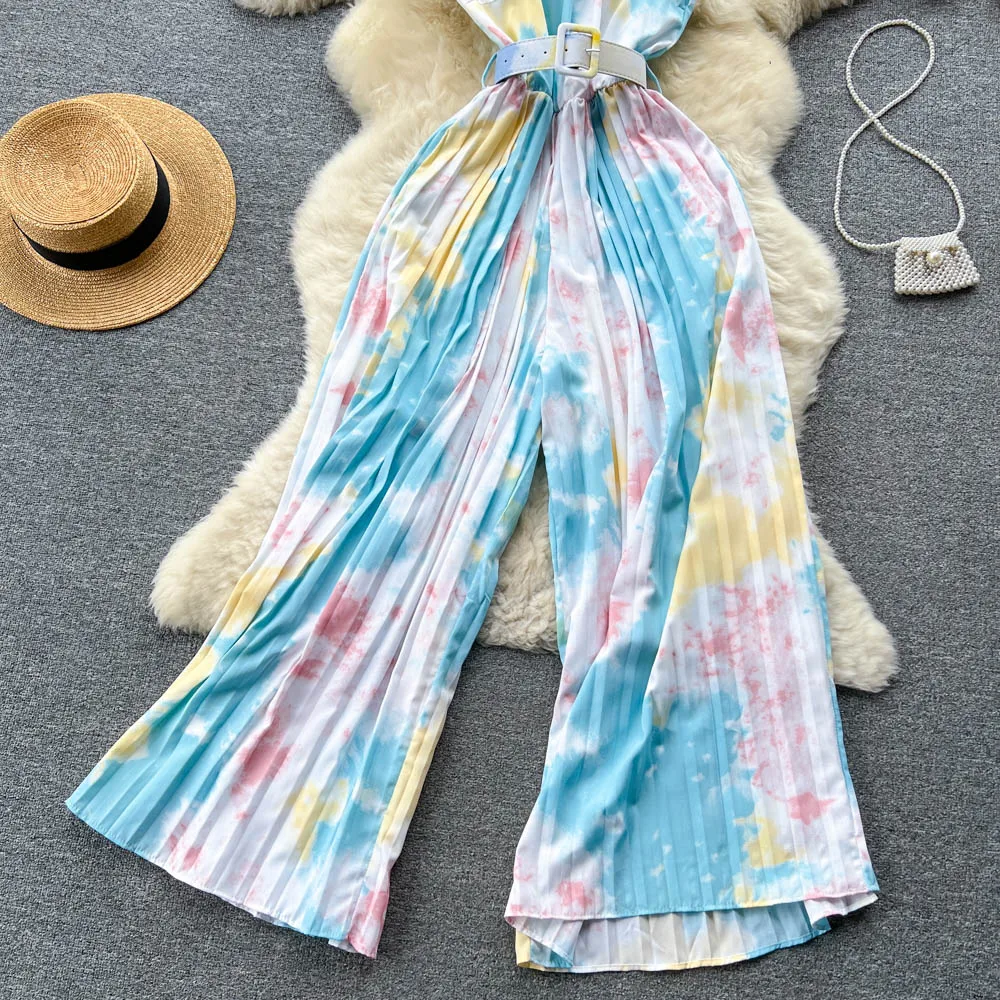 Tie Dyed Printed Rainbow Color Halter Jumpsuit For Women In Summer Slim ...