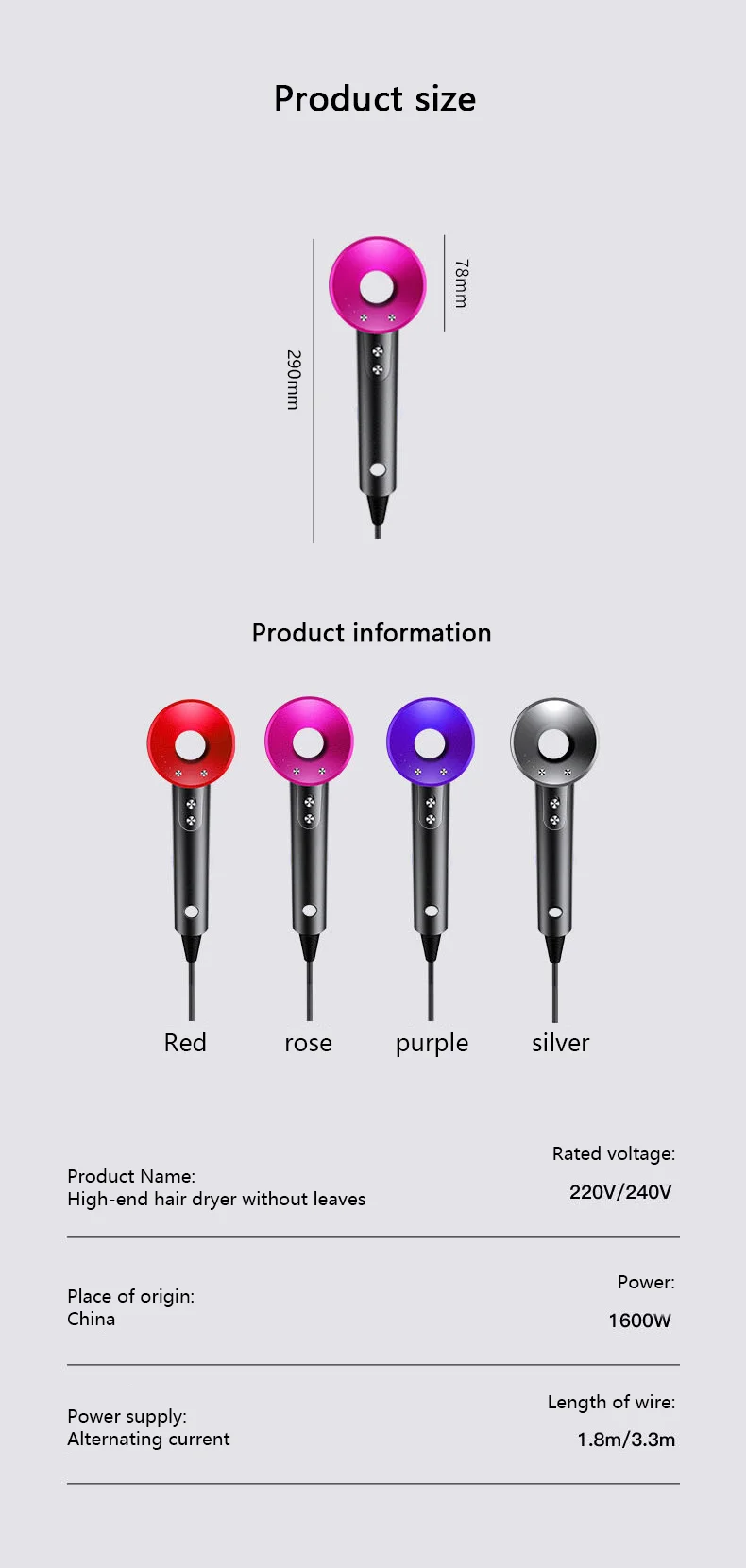 Dysons Leafless Hair Dryer 1600w Intelligent Temperature Control Negative Ion Static Sonic Dry ...