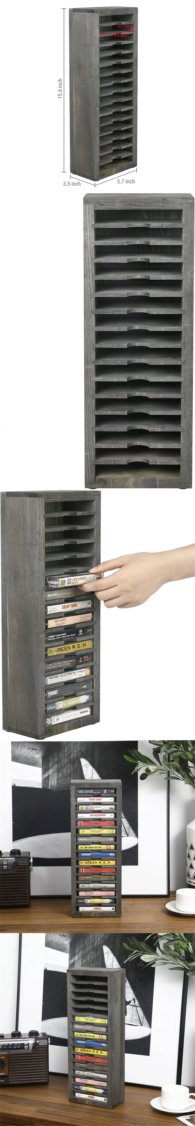 Modern Wooden Vintage Gray Solid Wood Retro Cassette Tape Holder Cd ...