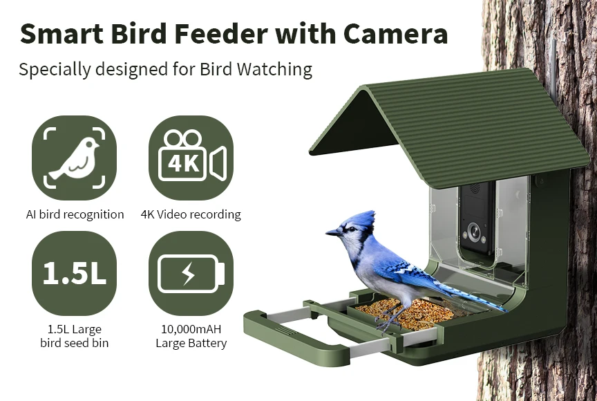 AI-Powered 4K Outdoor IP66 Waterproof Smart Bird Camera with 1.5L Large ...